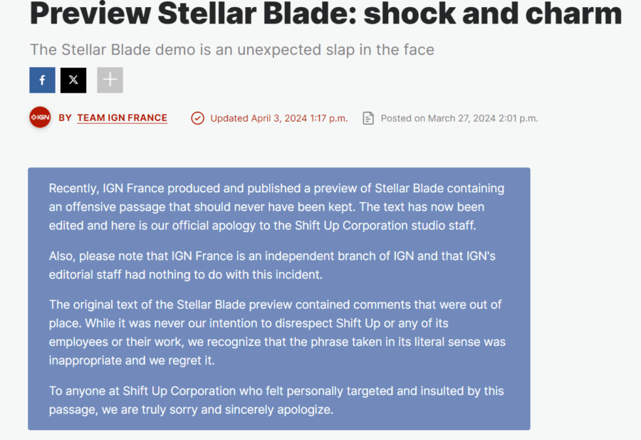 IGN Apologizes To 'Stellar Blade' Developer Shift Up Corporation For ...