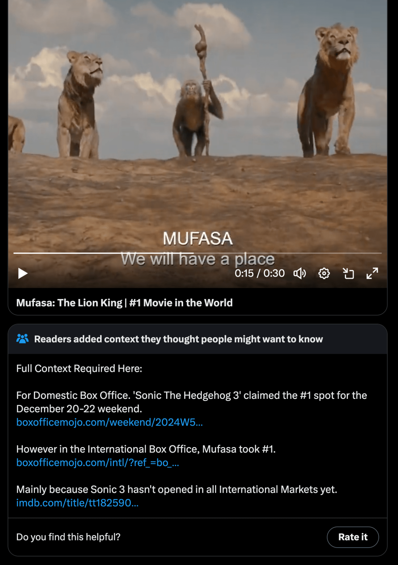 Disney Fact Checked on X Mufasa Claim Amid Sonic 3 Success